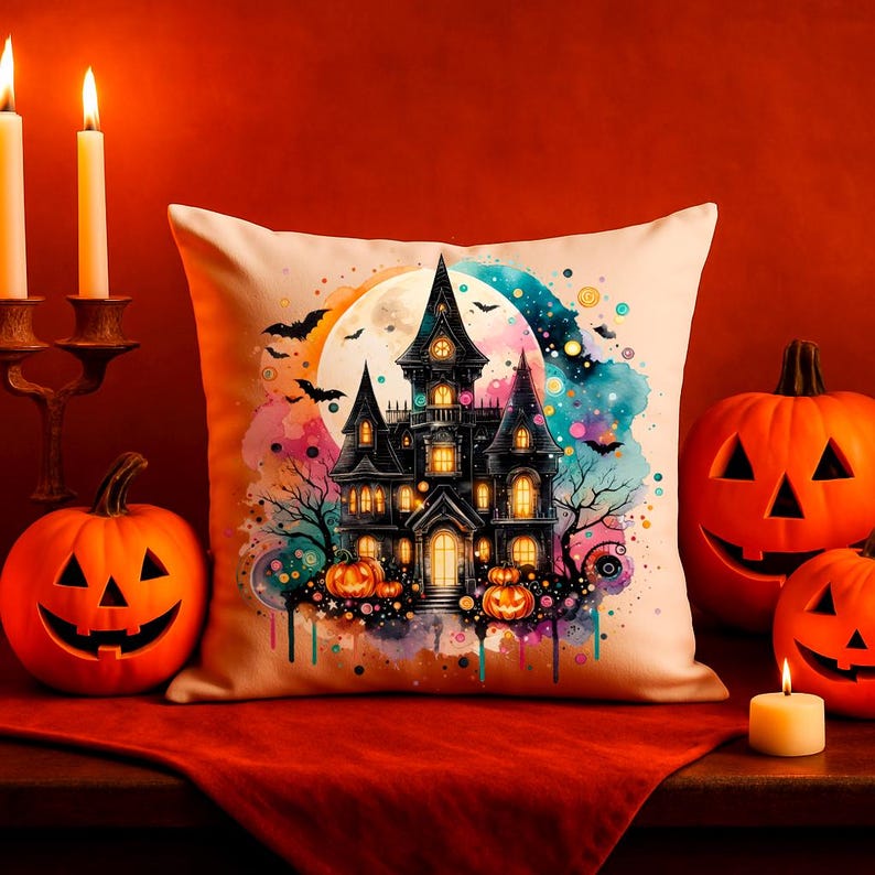 20 Cute Haunted House Watercolor PNG Sublimation Set, Halloween Mansion ...