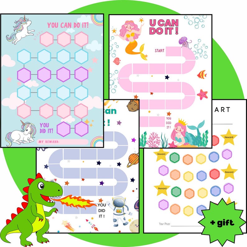 Printable Reward Charts for Kids | Motivation Tracker | Unicorn, Dino ...