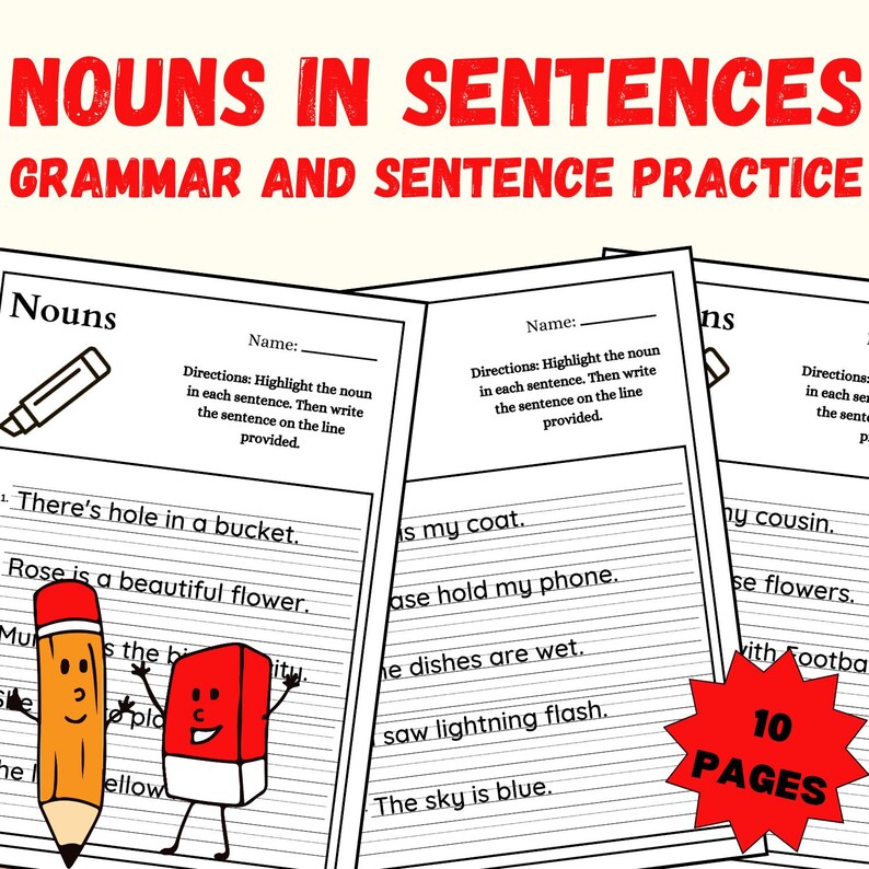 Nouns in Sentences Worksheets Printable | Grammar Sentence Practice ...