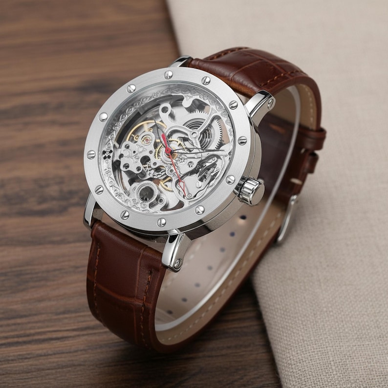Men's Skeleton Mechanical Watch • Transparent Dial, Leather Strap - Etsy