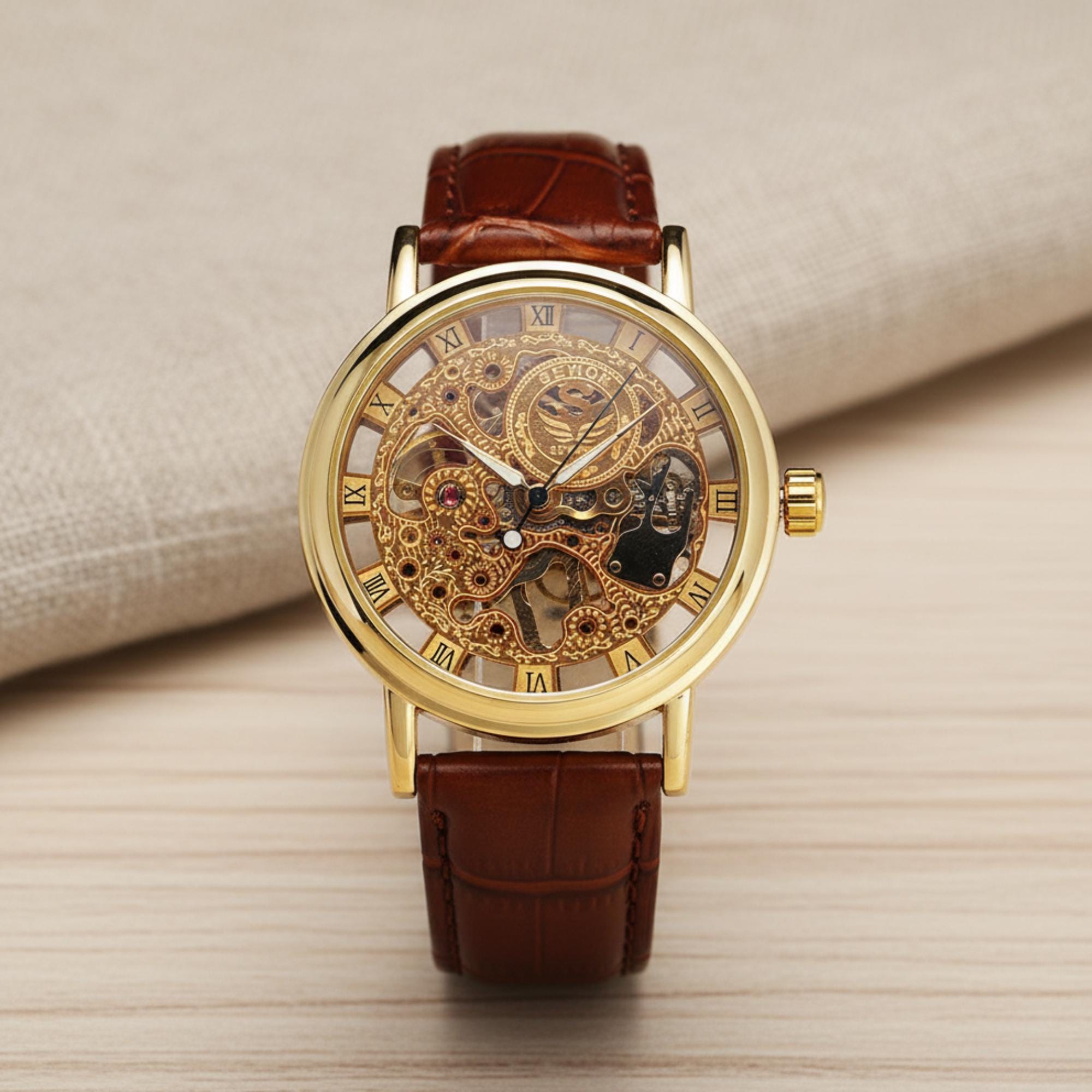 Vintage Skeleton Mechanical Watch • Gold, Brown Leather Strap - Etsy