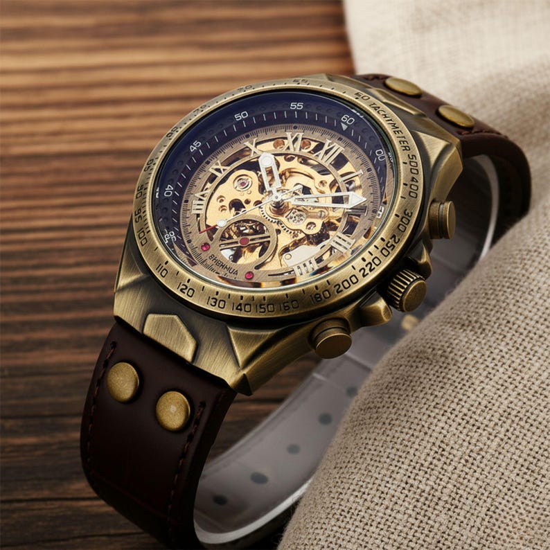 Vintage Steampunk Skeleton Watch • Mechanical Movement, Leather Strap ...