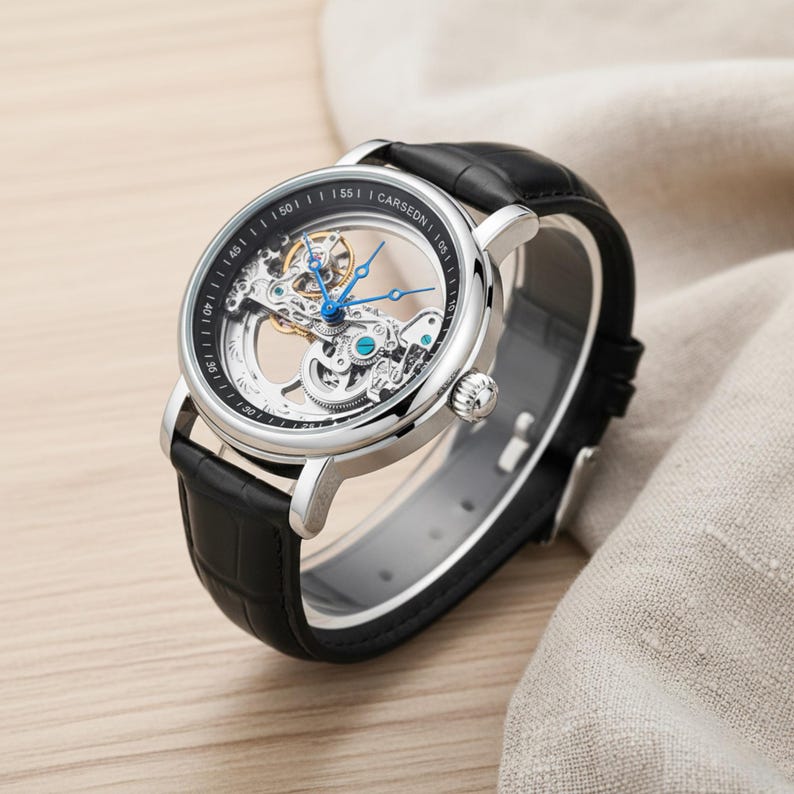 Men's Skeleton Automatic Watch • Openwork Dial, Leather Strap - Etsy