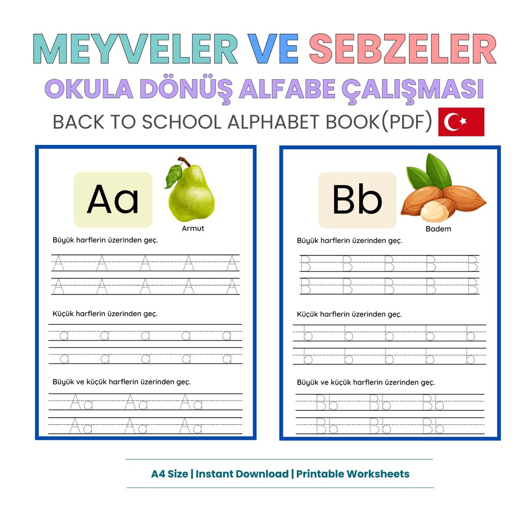 Turkish Alphabet Tracing Worksheets A–Z With Vegetables & Fruits | PDF ...