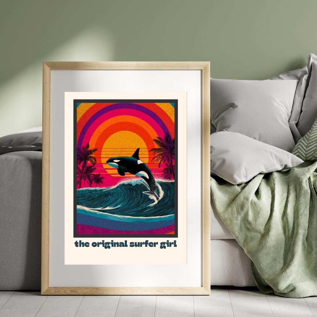 Retro Orca Surfing Poster: Vintage Surfer Girl Wall Art - Etsy
