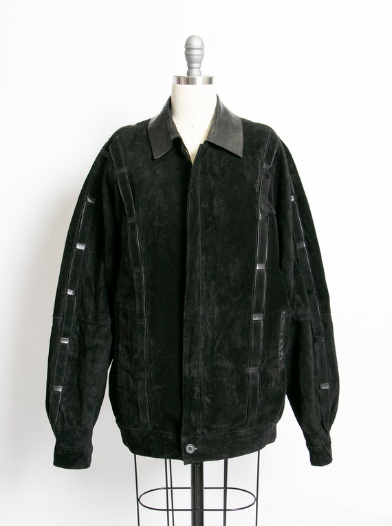 80s Black Suede Leather Jacket with Snake Skin Detail… - Gem