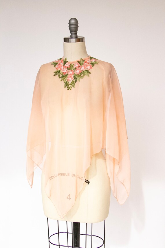 1970s Caplet Top Sheer Chiffon Cape Overlay - Gem
