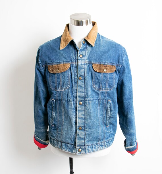 1980s Denim Jacket Quilted Red Jean Coat Corduroy Lar… - Gem