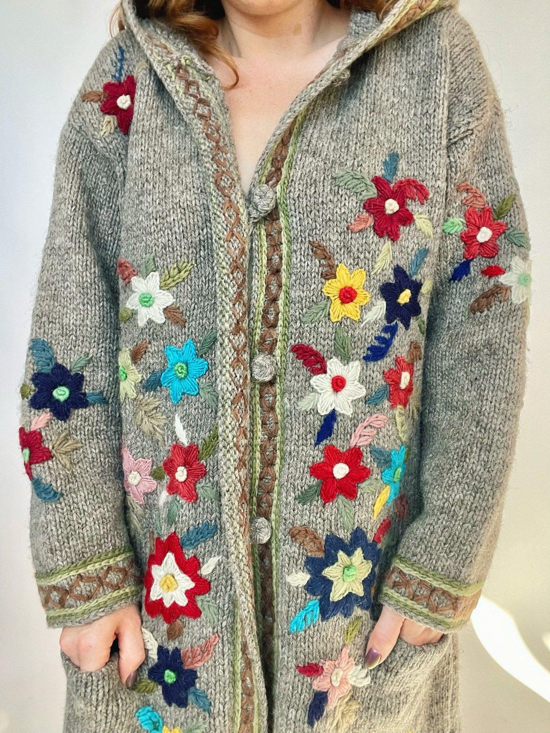 1970s Sweater Wool Chunky Knit Floral Hooded Long - Etsy
