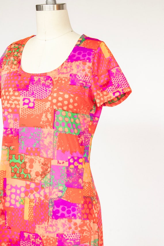 1970s Maxi Dress Neon Psychedelic Print Knit S - Gem