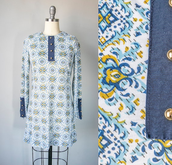 1960s Mini Dress Printed Mod Shift S - Gem