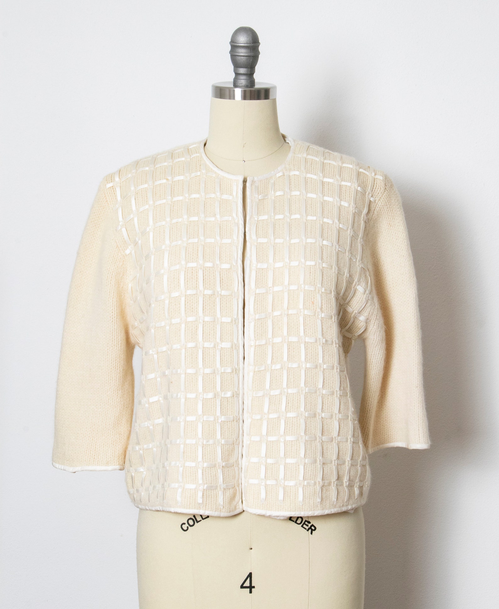 1950s Sweater Wool Knit Cardigan Cream Beaded S - Etsy