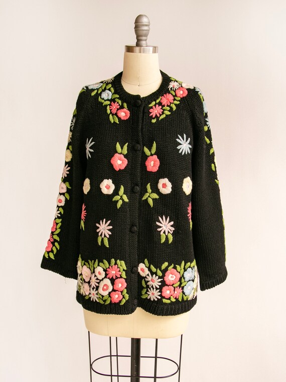 1960s Floral Embroidered Wool Cardigan | Vintage 60s … - Gem