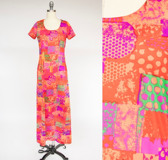 1970s Maxi Dress Neon Psychedelic Print Knit S - Gem