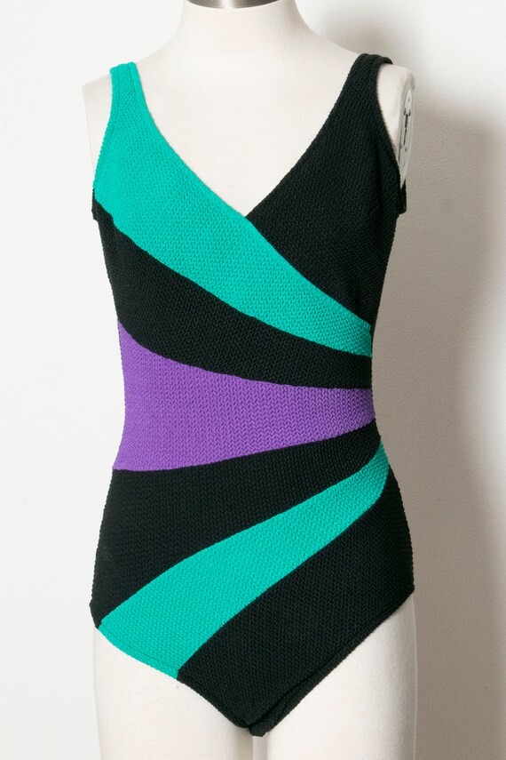1990s Bathing Suit One Piece Color Block Swimsuit S /… - Gem