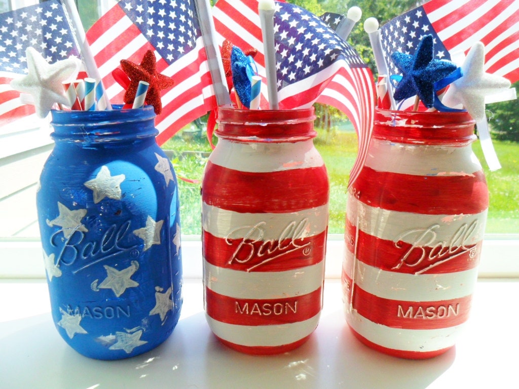 American Flag Hand Painted Mason Jars 4th of July Fireworks - Etsy