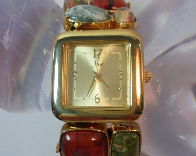 Vintage ARIA Quartz Women Ladies Wrist Watch GEMSTONE Band Stretch AR ...