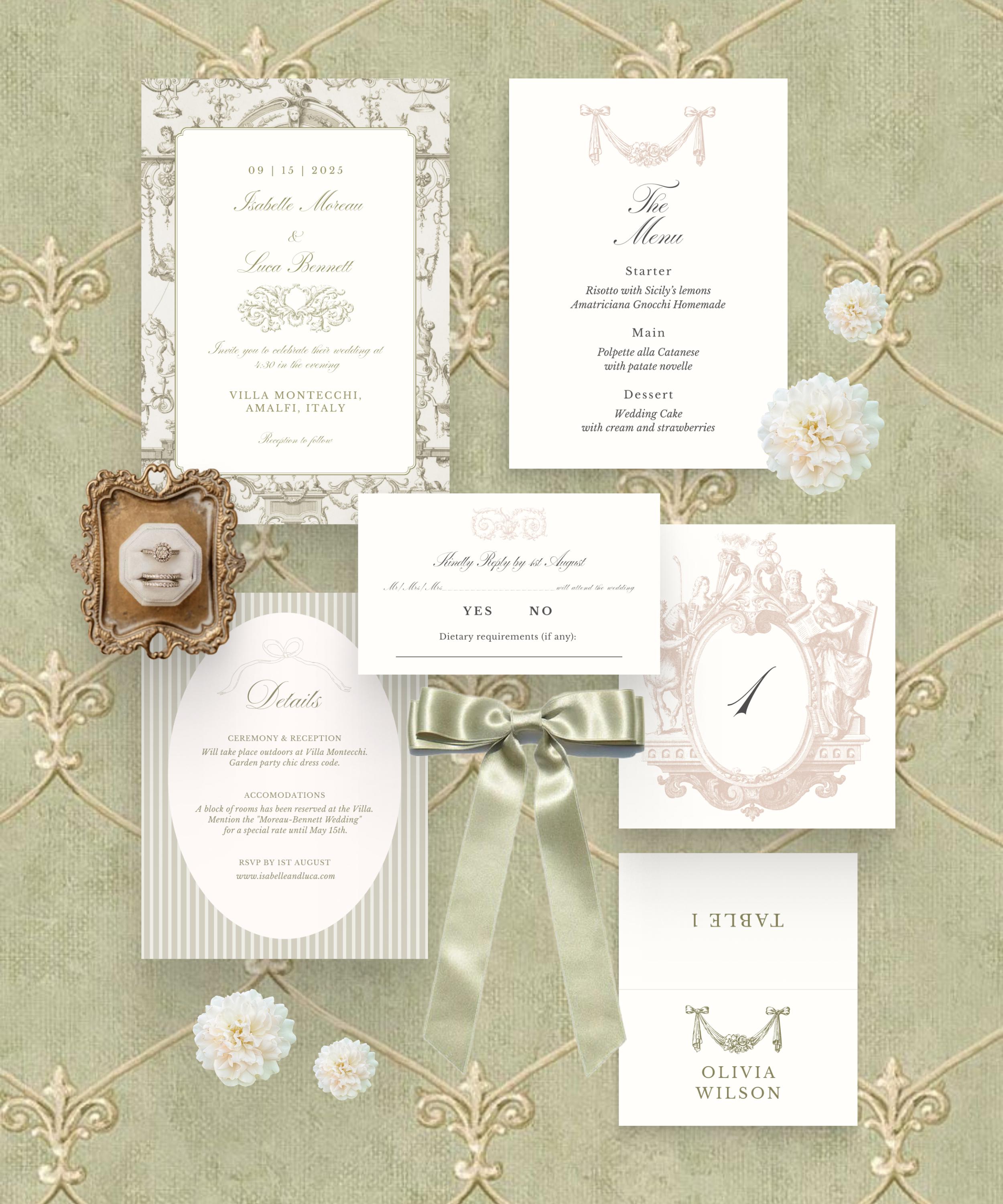 Vintage BAROQUE Wedding Invitation Set - Olive Green/pink | CANVA ...