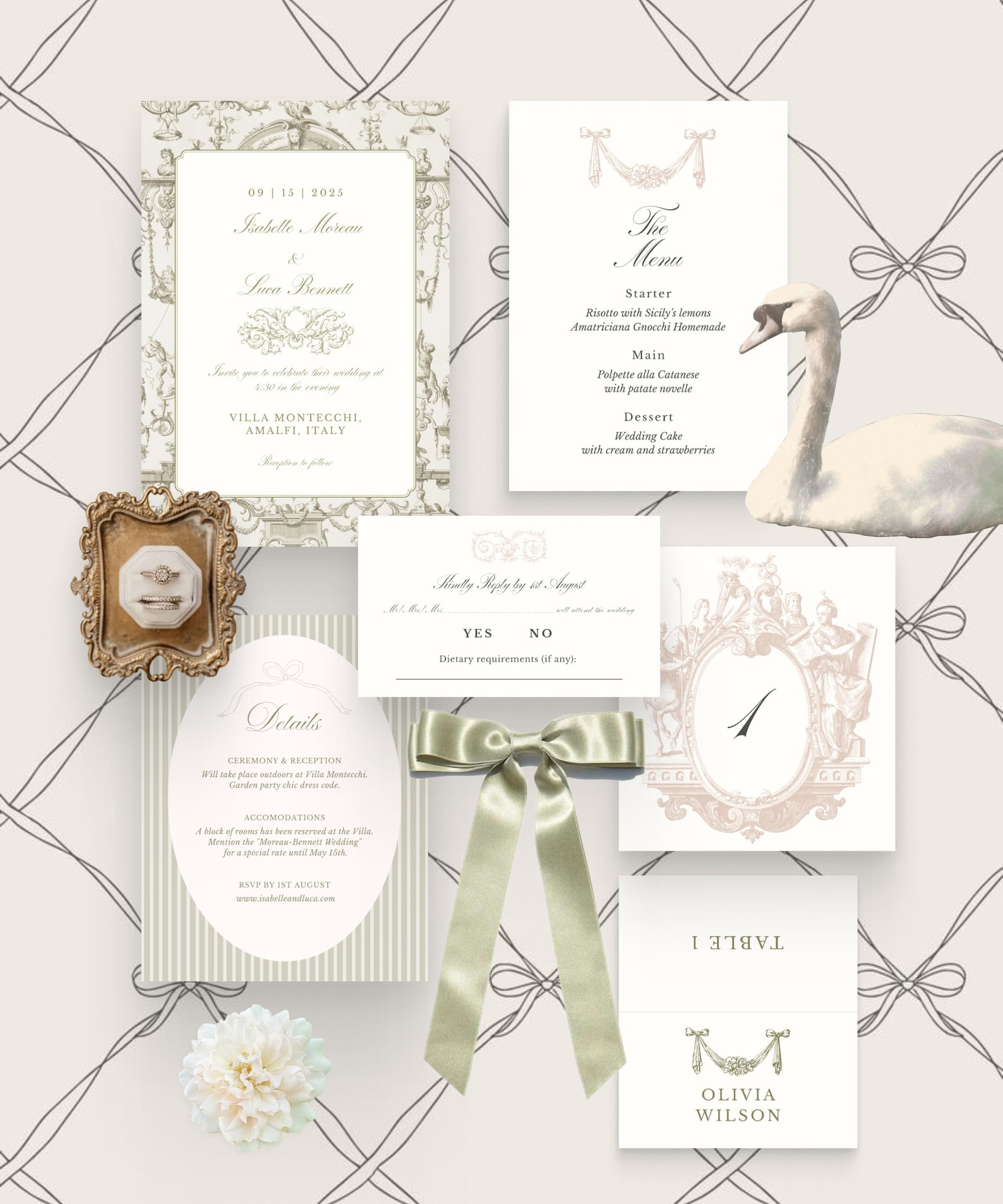 Vintage BAROQUE Wedding Invitation Set - Olive Green/pink | CANVA ...