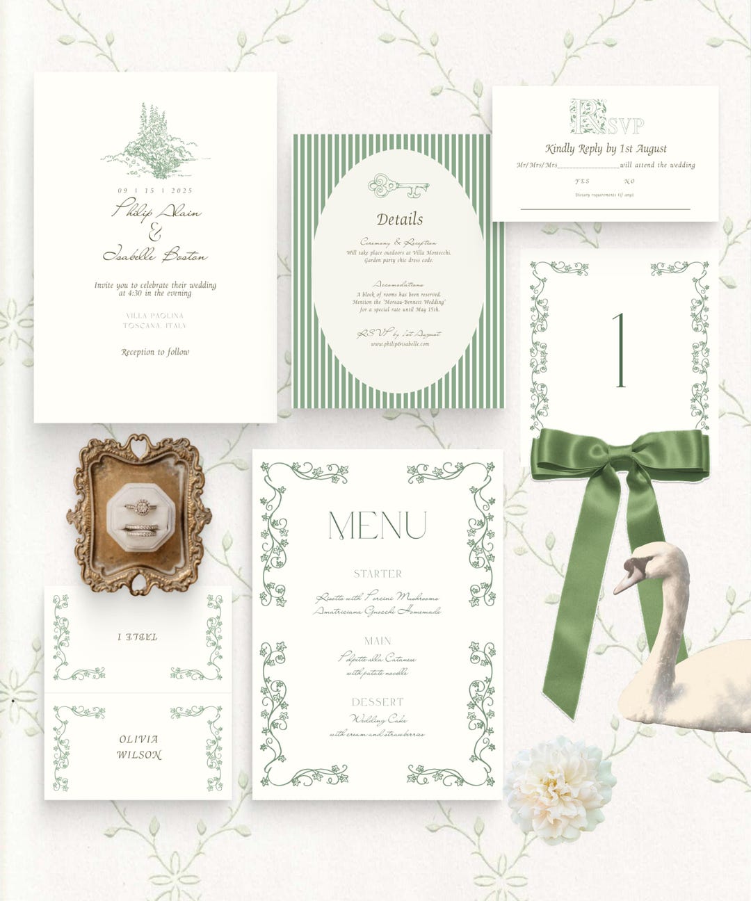 Vintage ELFISH "lotr" Wedding Invitation Set - Green/ivory | CANVA ...