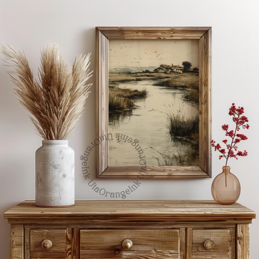 Rustic River Landscape Art Print: Moody Cottagecore Wall Decor (digital ...