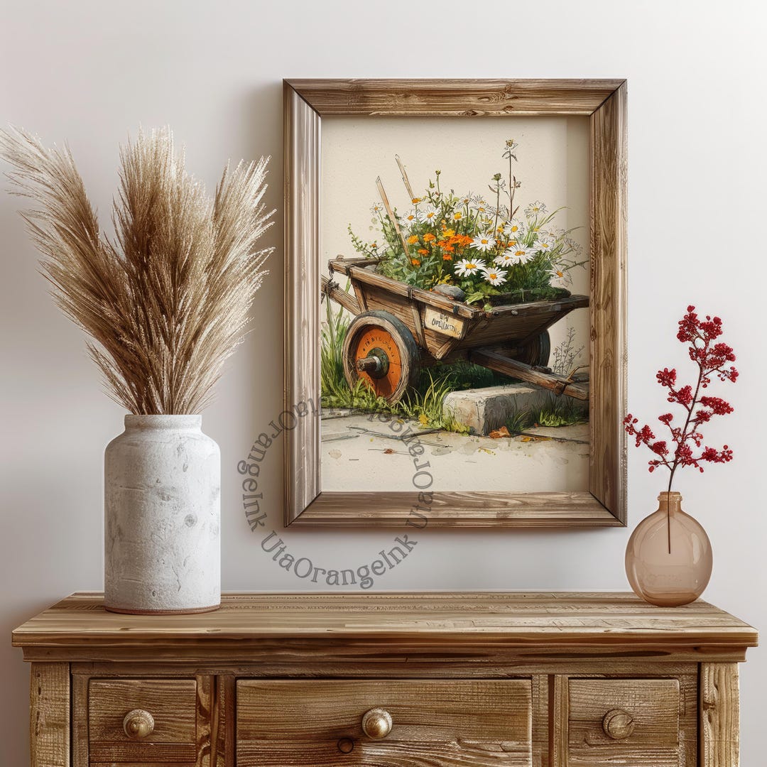 Rustic Wheelbarrow Daisy Painting: Farmhouse Floral Art (digital ...