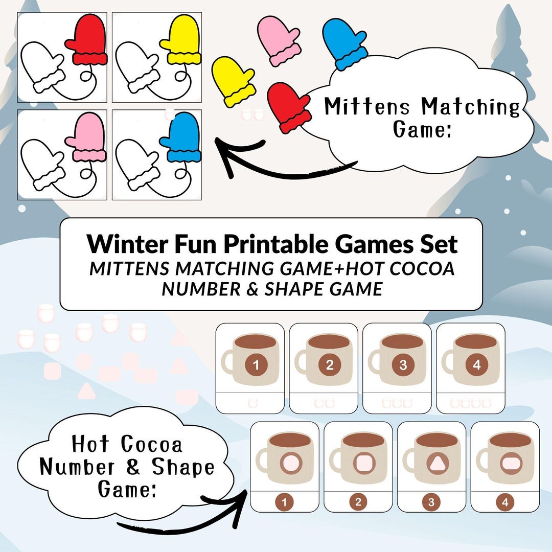 Winter Preschool Games Printable | Mittens Matching & Hot Cocoa ...