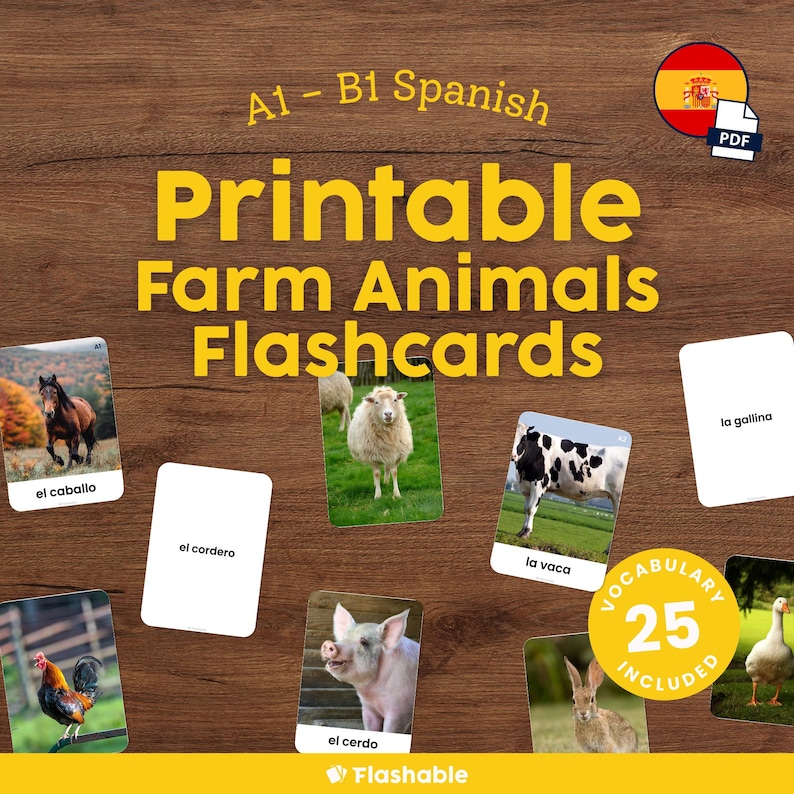 Spanish Farm Animals Flashcards for Kids Printable Montessori Spanish ...