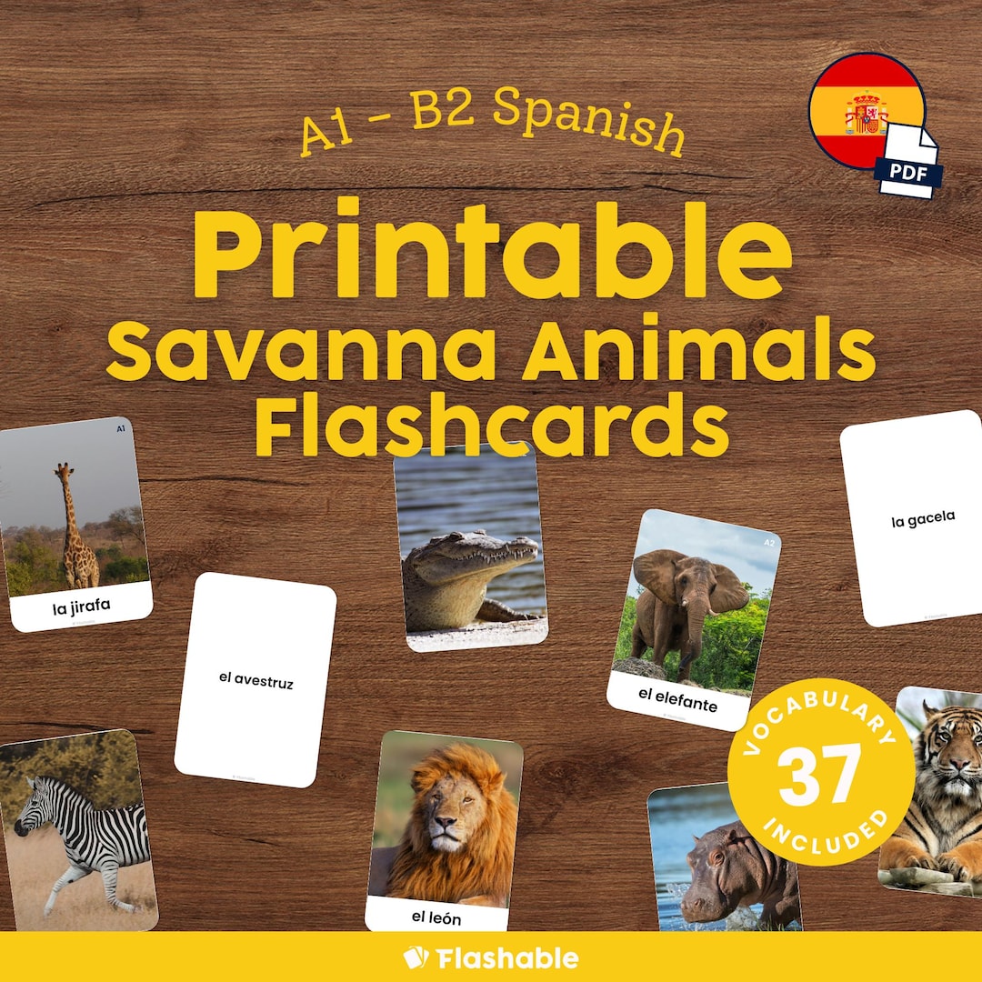 Spanish Savanna Animals Flashcards for Kids Printable Montessori ...