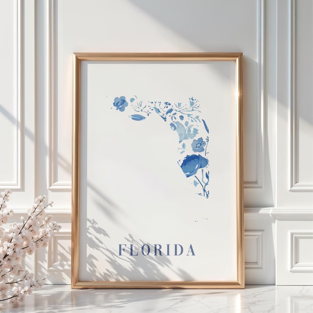 Blue Floral Florida State Wall Art: Minimalistic Botanical FL Print ...