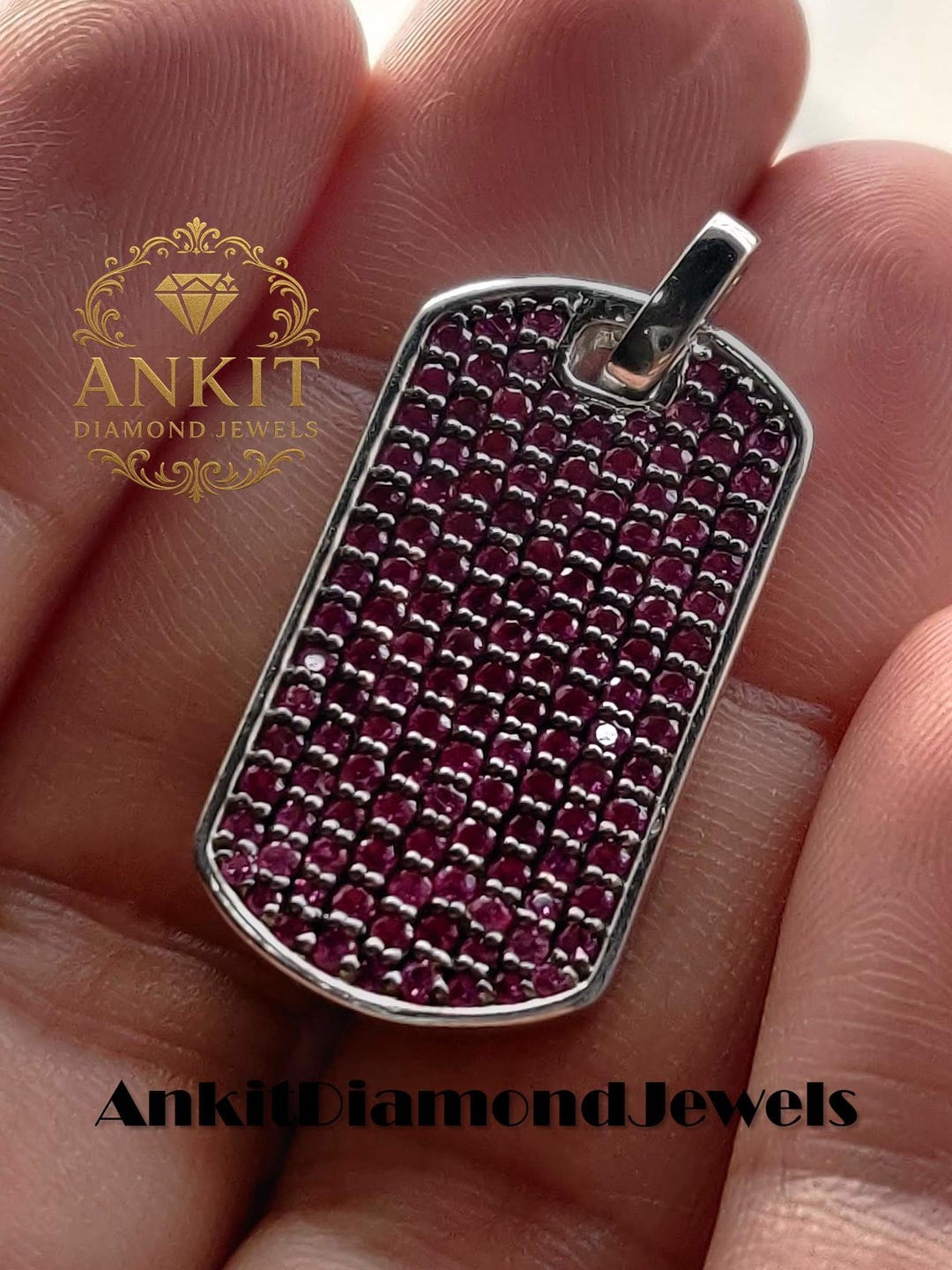 Handmade Iced Out Pink Ruby Dog Tag Pendant: 1.50 Ct Argentium Silver ...