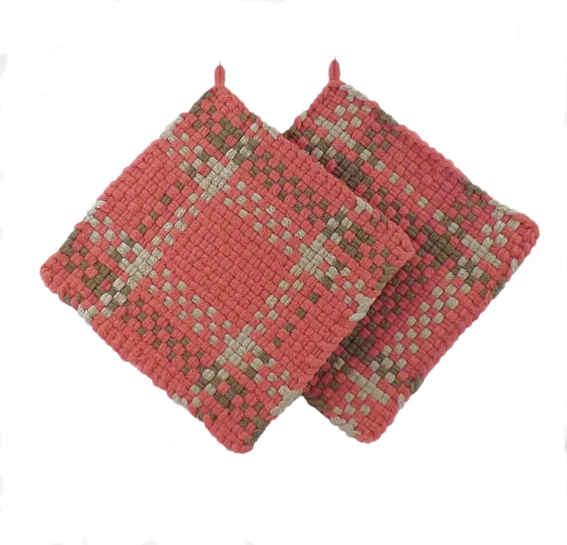 Large 100% Cotton Woven Pot Holders, 8 1/4 Inch Square Pink Beige and ...