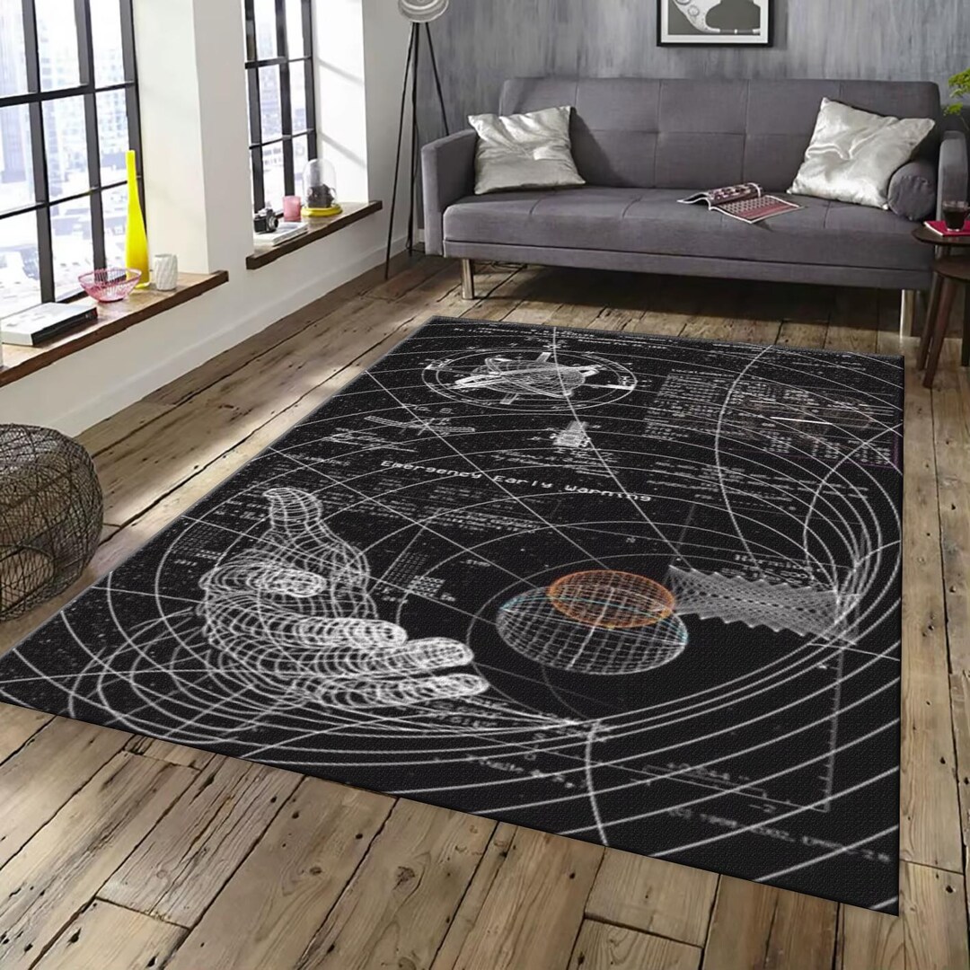 Sci-fi Schematic Rug, Black and White | Futuristic Celestial Art ...