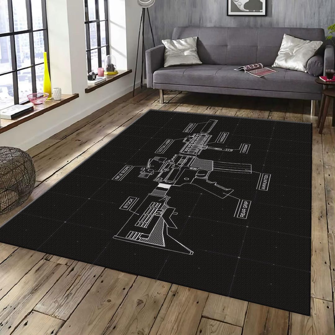 Tactical Schematic Rug, Black and White | Technical Blueprint Art | Man ...