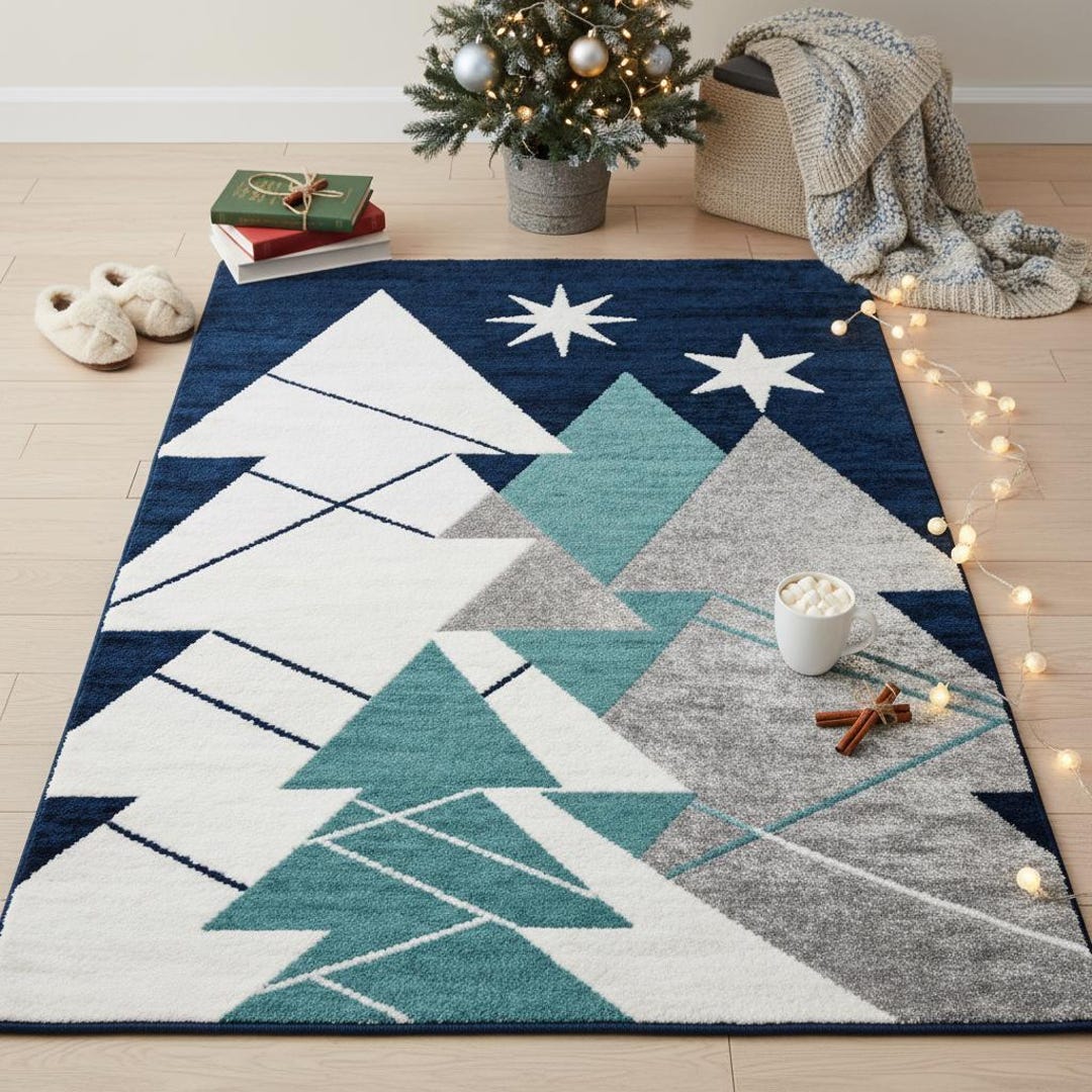 Navy Blue Christmas Rug, Modern Holiday Decor, Geometric Trees Area Rug ...