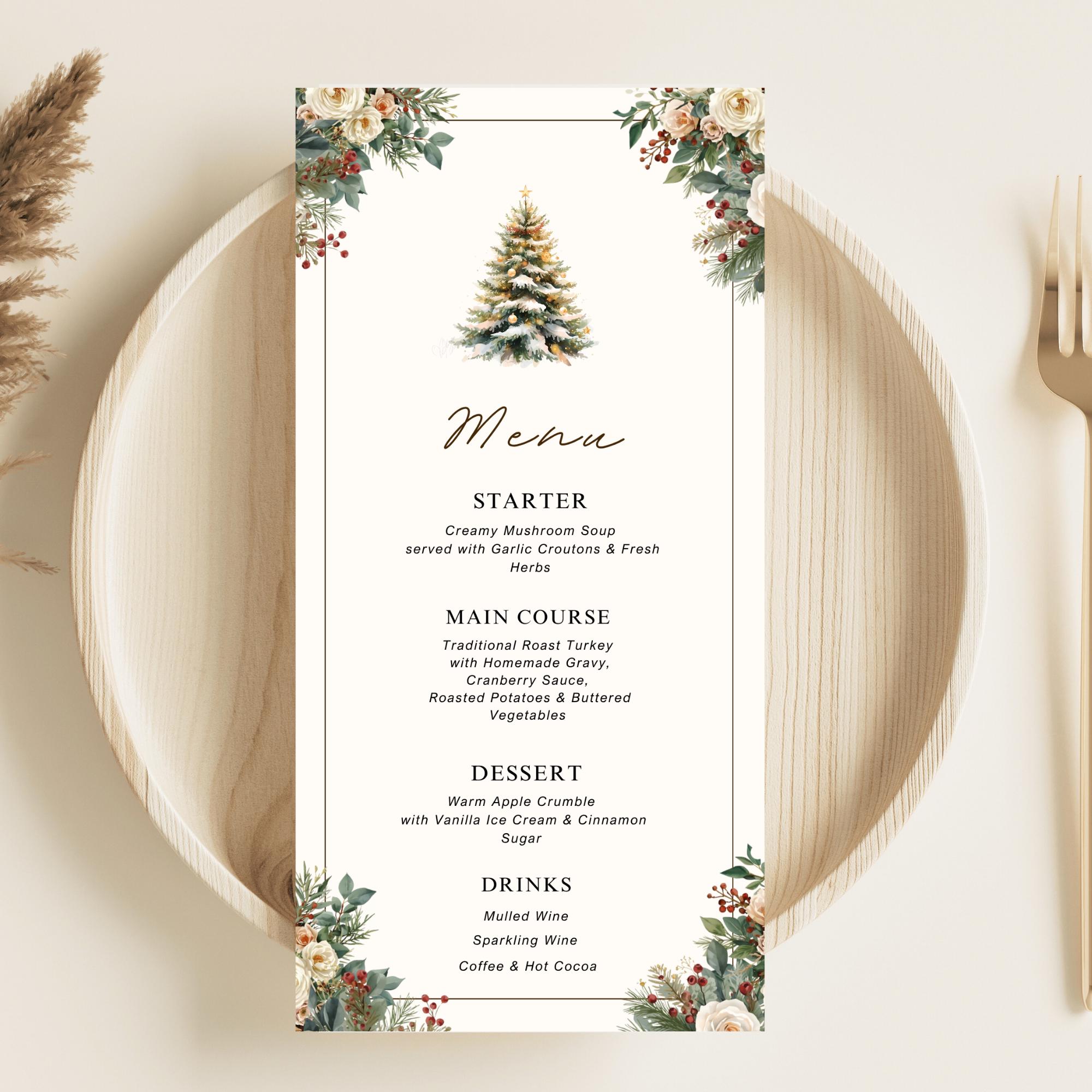 Editable Christmas Menu Template - Printable Holiday Menu & Winter Card ...