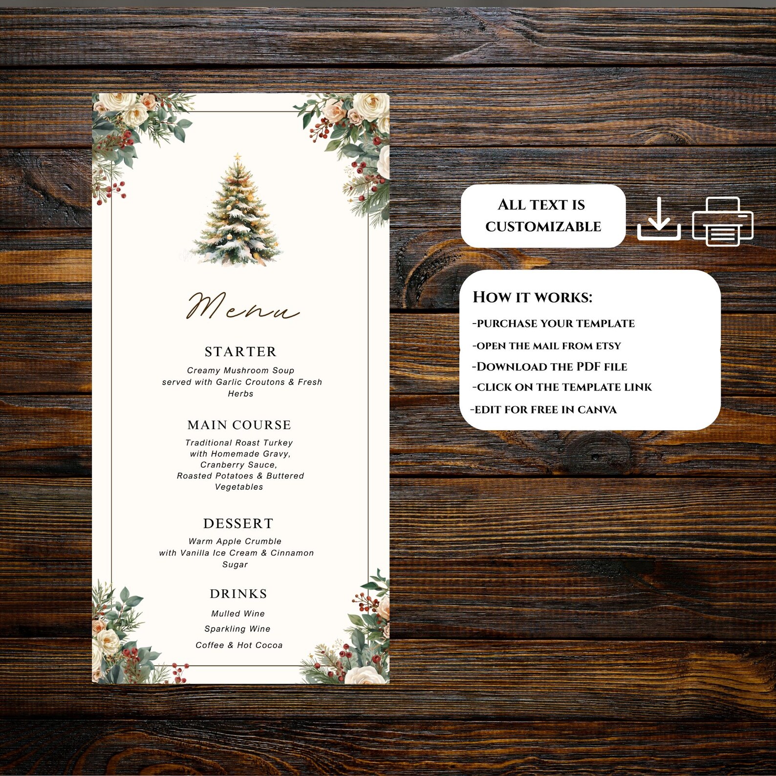 Editable Christmas Menu Template - Printable Holiday Menu & Winter Card ...