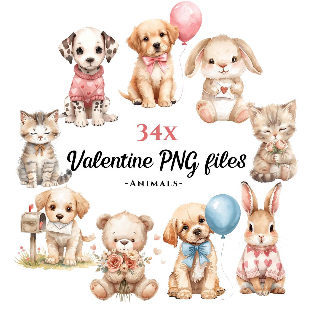 Valentine’s Day Animal Clipart PNG | Watercolor Animals With Hearts ...