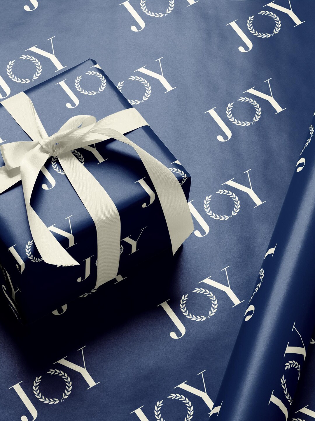 Crested Joy Wrapping Paper, Classic Navy Blue Typography Crest Wreath ...