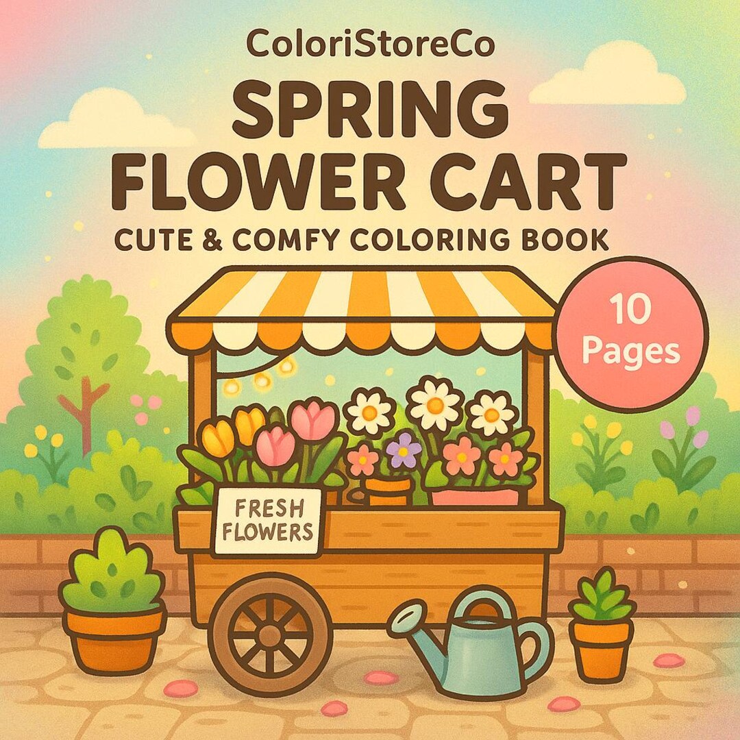 Spring Flower Cart Coloring Book for Kids and Adults, Printable Floral ...