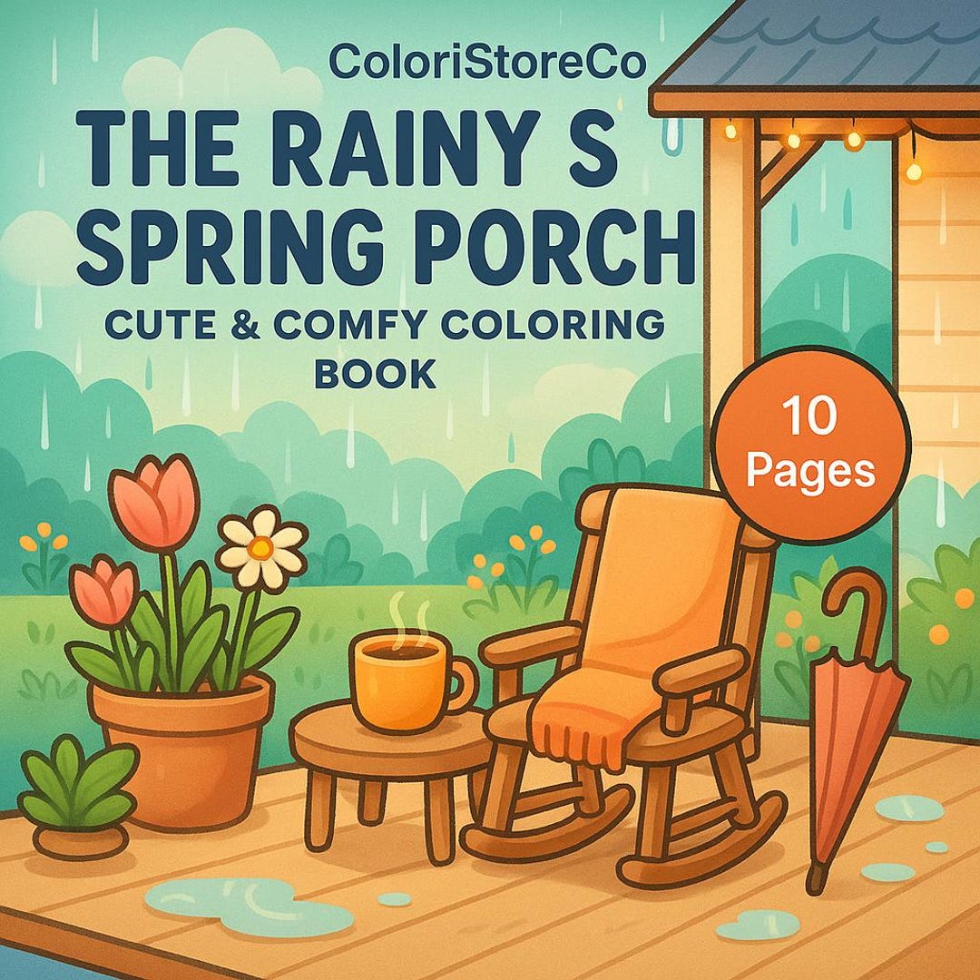Rainy Spring Porch Coloring Book for Kids and Adults, Cozy Printable ...