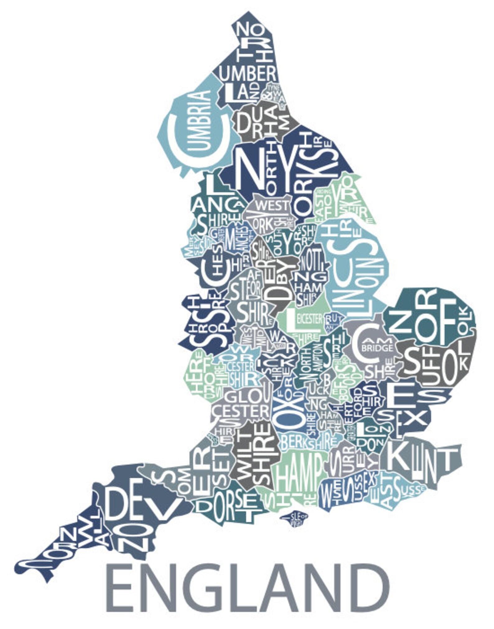 Typographic Map of England | Shire or County Map | European Map ...