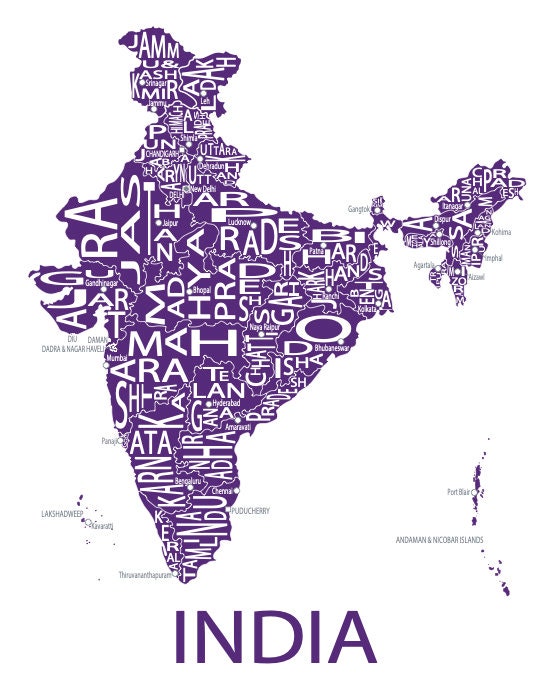 Typographic Map of India Indian States and Union Territories | Etsy