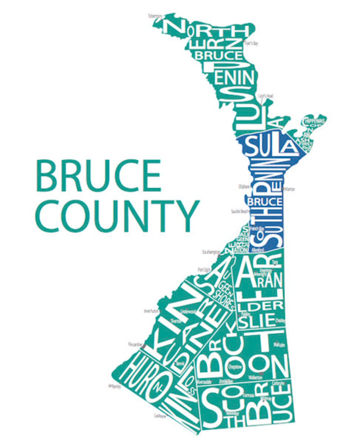 Typographic Map of Bruce County Ontario County Map Print - Etsy Canada