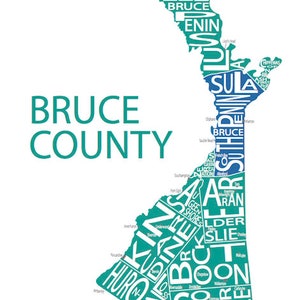 Typographic Map of Bruce County, Ontario | County Map Print | Lake ...