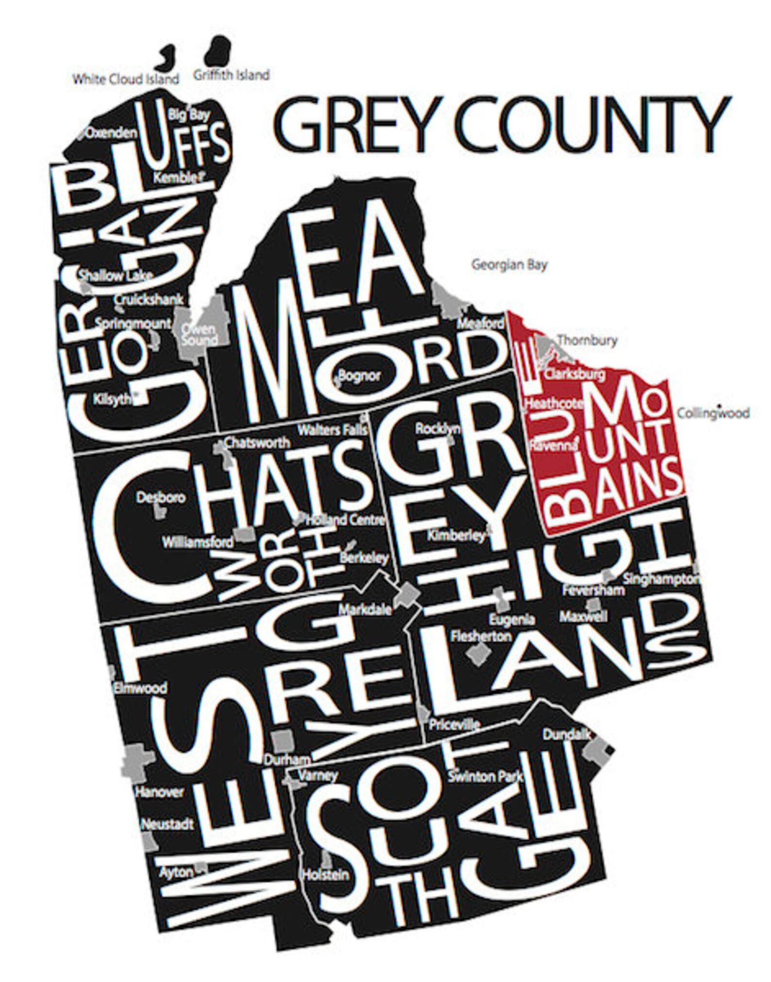Typographic Map of Grey County | Georgian Bay Area Map | Ontario County ...