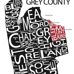 Typographic Map of Grey County | Georgian Bay Area Map | Ontario County ...