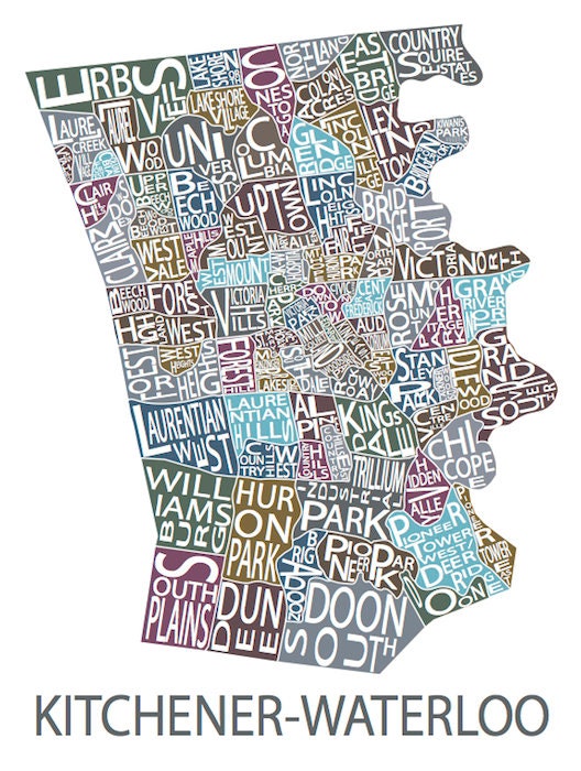 Typographic Map of Kitchener Waterloo, Ontario | KW City Map Print ...