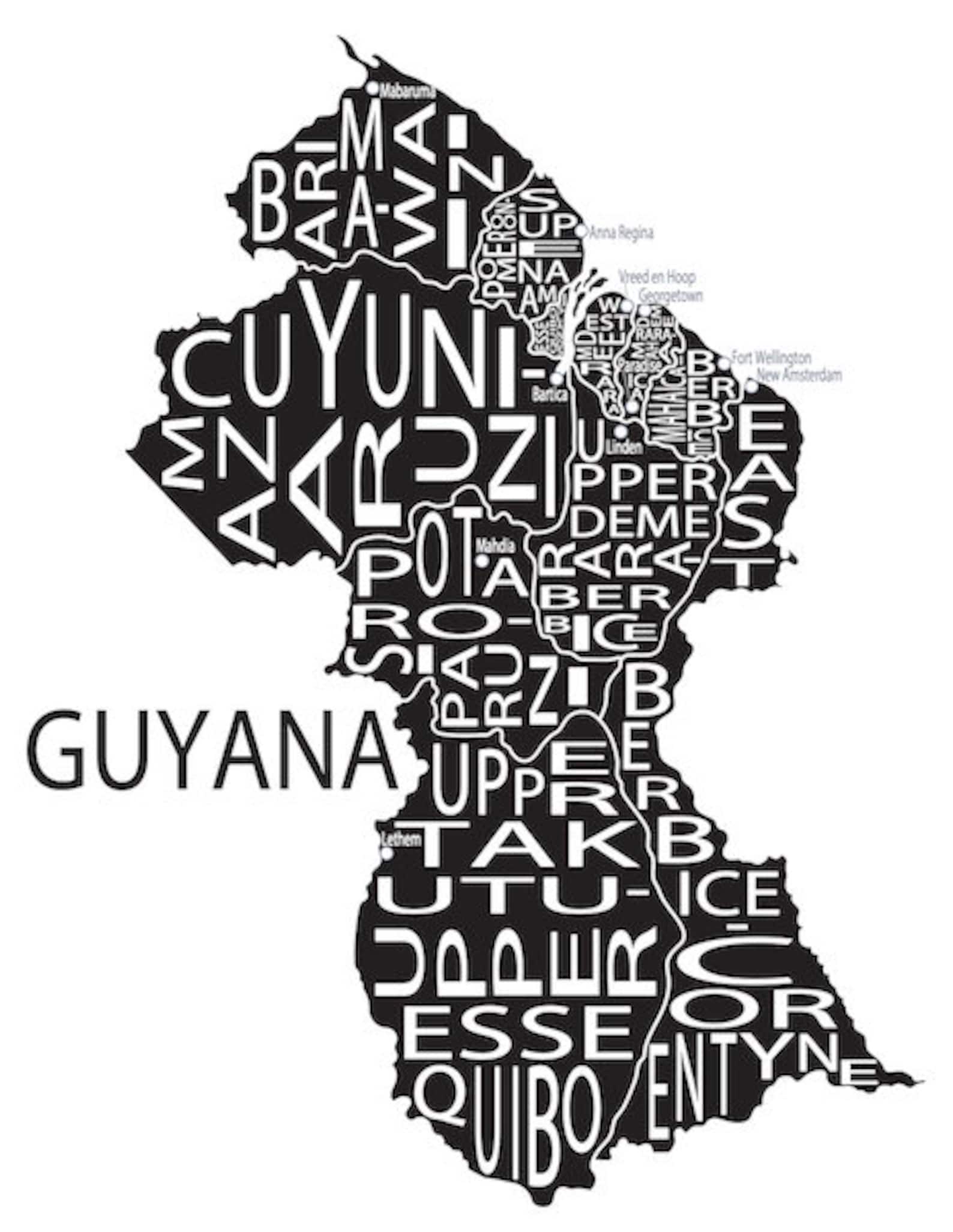 Typographic Map of Guyana, South America | Guyanese Regional Map ...