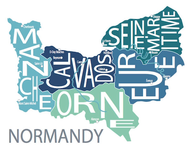 Typographic Map of Normandy | Normandie Regional Map | Northern Region ...